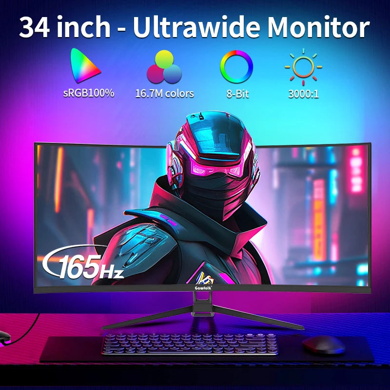 Gawfolk 34 Inch Ultrawide Curved Gaming Monitor, 1500R PC Screen 165hz ...
